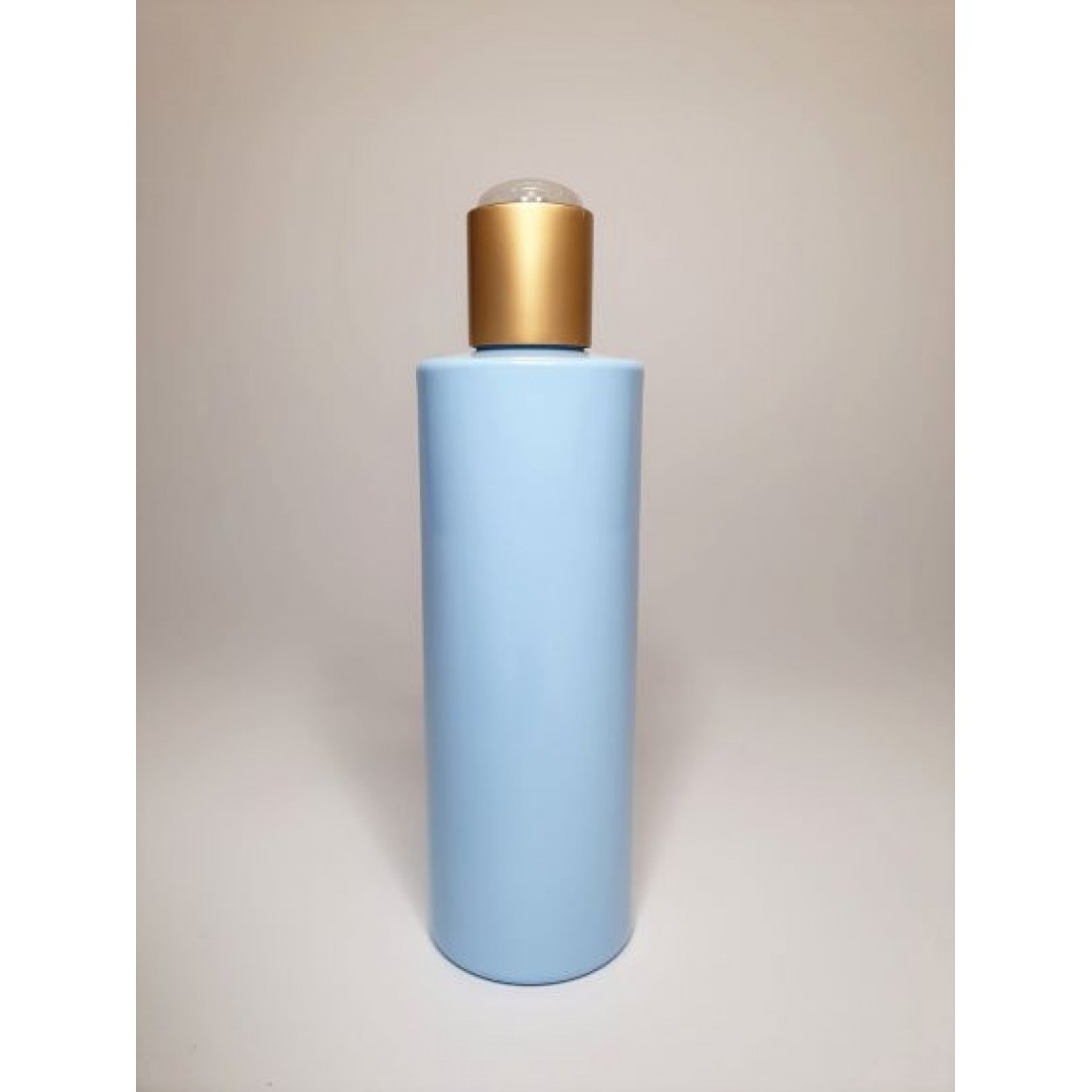 250ml Baby Blue Cylindrical PET Plastic Bottles With Matt Gold Disc Top